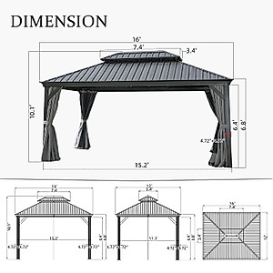 Domi 12'x16' Hardtop Gazebo Canopy,Outdoor Aluminum Gazebo with Galvanized Steel Double Roof,Permanent Gazebo with Drainage System,Curtain and Netting Included,Grey