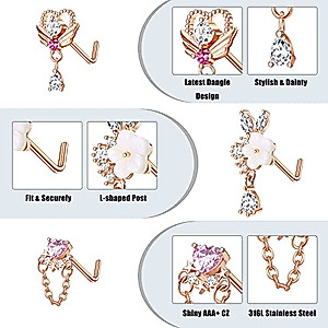 Jstyle 9Pcs 20G Dangle Nose Rings Studs Nose Ring Hoops for Women 316L Surgical Steel L Shaped Nose Studs Nose Piercing Jewerly Heart Butterfly Flower CZ Dangling Hoop Nose Rings Women Rose Gold Tone