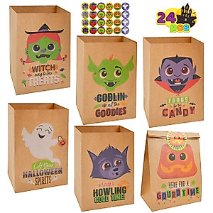 JOYIN 24 PCS Halloween Kraft Paper Treat Bags with Character Designs, Halloween Candy Bag with Kraft Paper Bag & Sticker, Halloween Candy Gift Bags for Party Favor Party Supplies