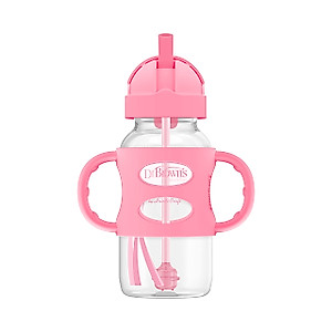 Dr. Brown's Milestones Wide-Neck Sippy Straw Bottle with 100% Silicone Handles and Weighted Straw, 9 oz/270 mL, Pink, 6m+