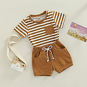 Toddler Baby Boy Summer Clothes Short Sleeve Stripes T-Shirt Shorts Set 2 Piece Outfit Brown 18-24 Months