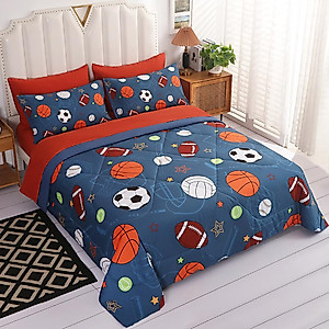 lwfushi Sports Comforter Set Blue Ball Bedding Set Full Size Baseball Basketball Soccer Tennis Bed Set for Teens Kids (1 Comforter,1 Flat Sheet,1 Fitted Sheet,2 Pillowcase and 2 Pillow Sham)