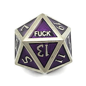 Purple Silver Metal D20 F*** Dice Critical Fail F 20 Sided Die Set DND Blue White Color Number for Role Playing Game Dungeons and Dragons D&D Pathfinder Shadowrun and Math Teaching
