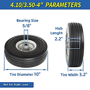 GICOOL 4.10/3.50-4" Flat Free Tire and Wheel, 10" Solid Tire with 5/8" Axle Bore Hole, 2.2" Offset Hub for Hand Truck Garden Wagon Cart Trolley Dolly Lawn Mover Replacement Tire