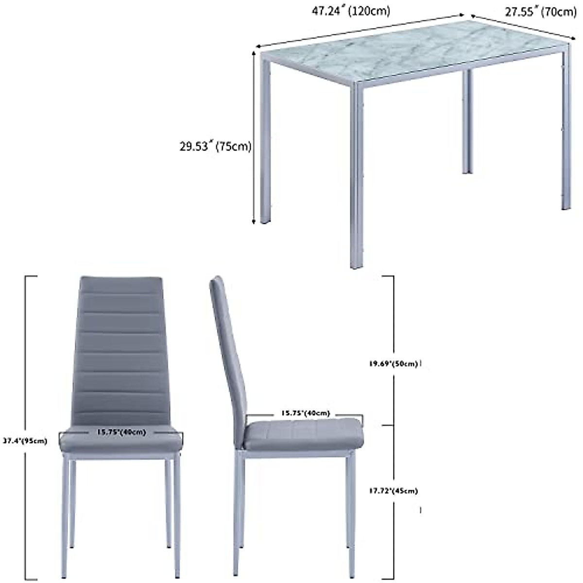 ROZHOME Gray Dining Table Set for 4, 5 Piece Kitchen Table and Chairs for Up to 110 Combinations, Compact Space-Saving w/Tempered Glass Tabletop and 4 Upholstered Chairs