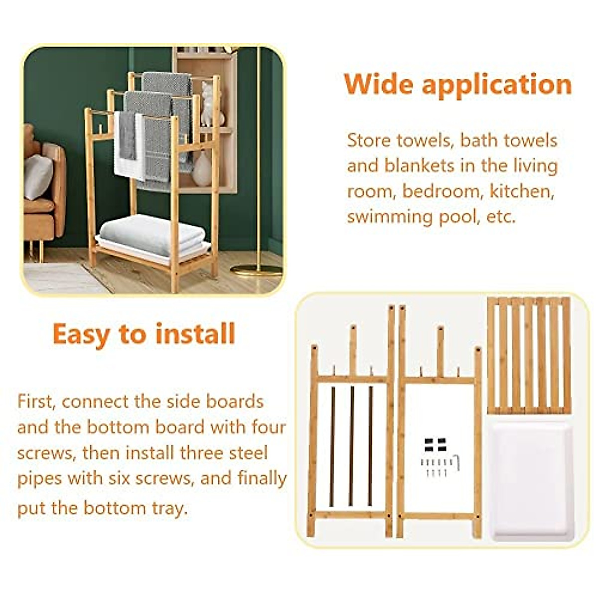 Nisorpa 3 Tier Freestanding Towel Rack Bamboo Bathroom Towel Drying Stand Holder Bamboo Standing Towel Rack with Bottom Storage Shelf for Hand Towel Washcloth Facecloth Small Bath Towel and Bathrobe