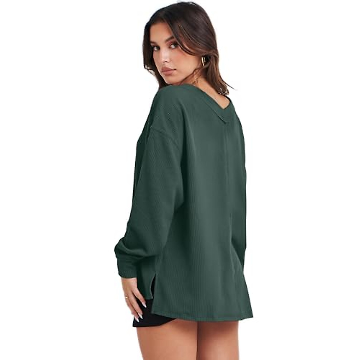 ANRABESS Oversized Long Sleeve Shirts for Women Off the Shoulder Sweatshirt Loose V Neck Tunic Tops High Low Sweater 2024 Large Dark Green