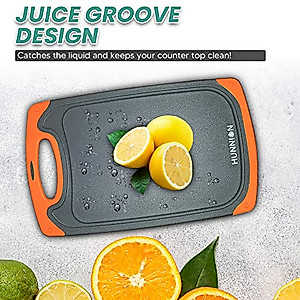 HUNNION Kitchen Cutting Board 3 Piece Set : Juice Grooves with Easy-Grip Handles, BPA-Free, Non-Porous, Dishwasher Safe, Multiple Size Plastic Cutting Boards (Orange)
