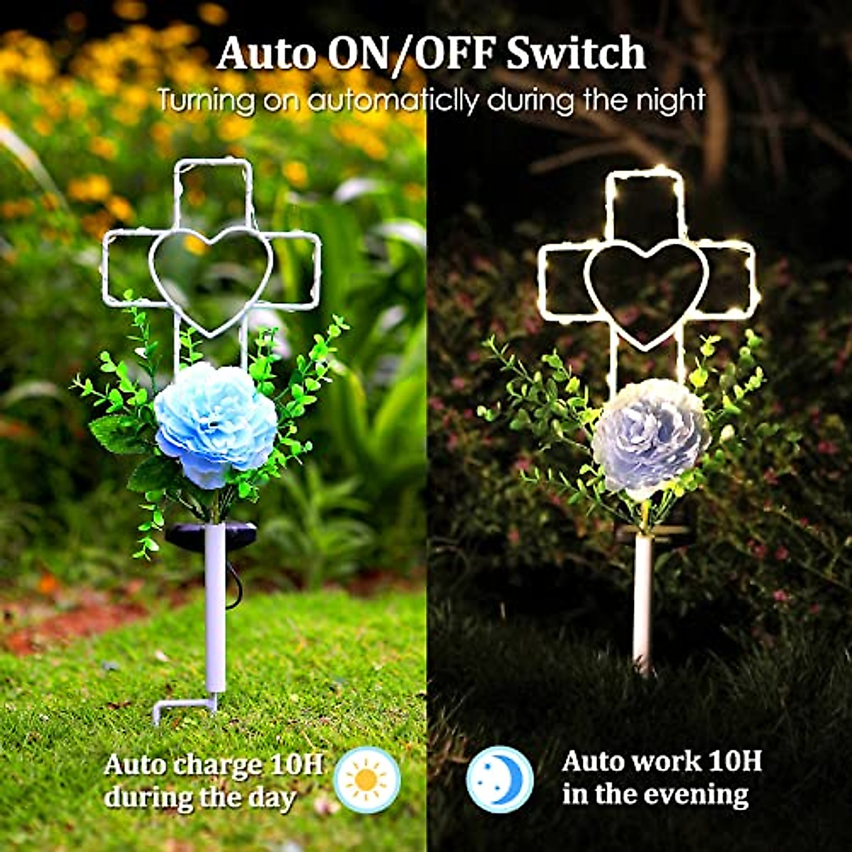 Joyathome 16 Inch Solar Cross Garden Stake Lights with 1 Artificial Flower Metal Garden Art for Patio Lawn Garden Decor Solar Outdoor Love Sign for Gravesites Memorial and Ideal Gifts for Loved Ones