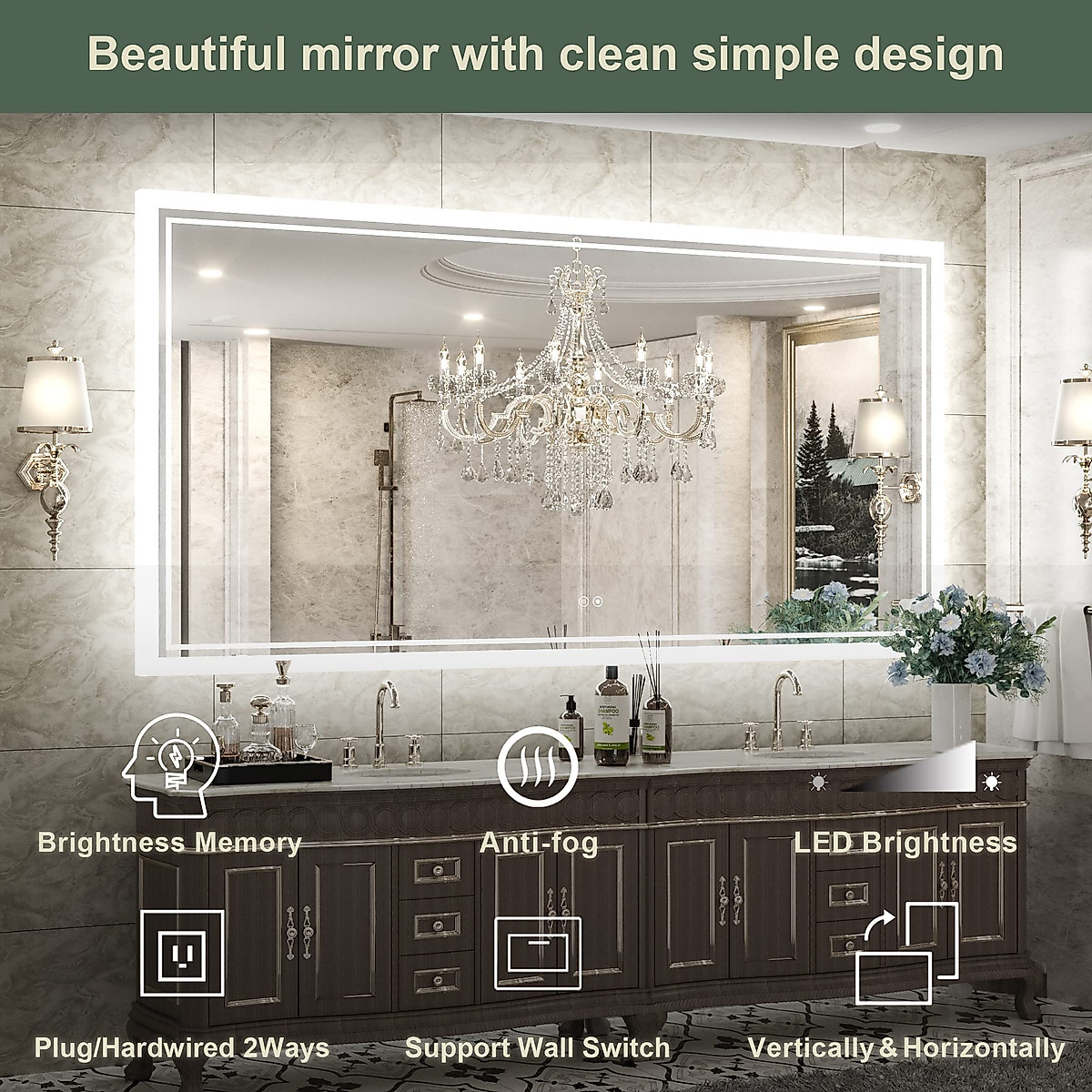 TokeShimi 72x36 Inch Bathroom LED Mirror 3-Color Fashion Style Vanity Make-up Mirror with Light Anti-Fog & Dimmer Touch Switch Adjustable Lights White/Warm/Natural Wall Mounted
