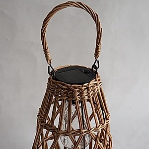 COLLECTIVE HOME - Outdoor Rattan Lantern, Solar Lantern with Handle, Summer Garden Decor, 15" Patio Waterproof Hanging Table Natural Lamp Lights, Wedding Home Decoration, Auto On/Off
