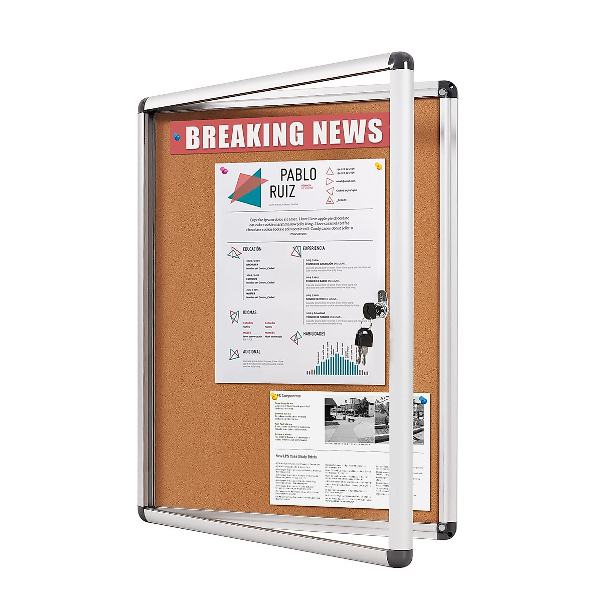 MAKELLO Lockable Bulletin Cork Board Enclosed Display Case with 3 Matching Keys for Indoor, Silver Aluminum Frame, 20x16inches (2xA4)