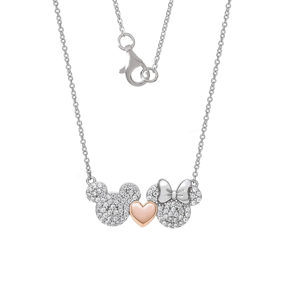 Disney Mickey and Minnie Mouse Sterling Silver Two Tone Cubic Zirconia Necklace with Pink Heart; Jewelry for Women, 18"
