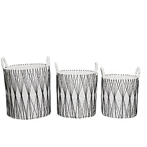 Deco 79 Plastic Handmade String Detail Storage Basket with Handles, Set of 3 21", 21", 19"H, White