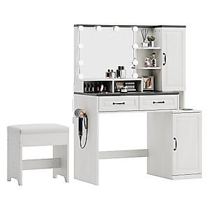 Buytime Farmhouse Makeup Vanity with Charging Station, Vanity Desk with Lights Mirror and Drawers, Glass Top Makeup Vanity with Jewelry Cabinet, Hairdryer Holder and Stool for Bedroom, Off White