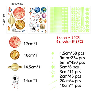 ZHW 849pcs Glow in The Dark Stars and Planets Wall Stickers for Ceiling, Glowing Solar System Galaxy Wall Decals Shining Space Decoration for Kid Girls Boys Living Room Nursery Bedroom