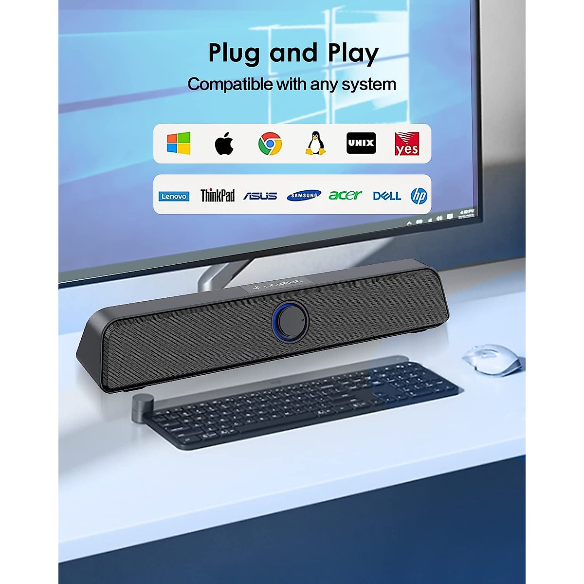 LENRUE Computer Speakers, Dual 5W PC Speaker, USB-A/USB-C Powered Laptop Speaker, 3.5mm Audio-in Wired Computer Speakers for Desktop Monitor,Laptop,Tablets,Plug-n-Play (Black)