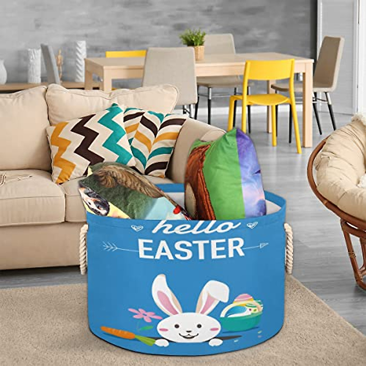 Happy Easter Day Large Round Baskets for Storage Laundry Baskets with Handles Blanket Storage Basket for Bathroom Shelves Bins for Organizing Nursery Hamper Girl Boy