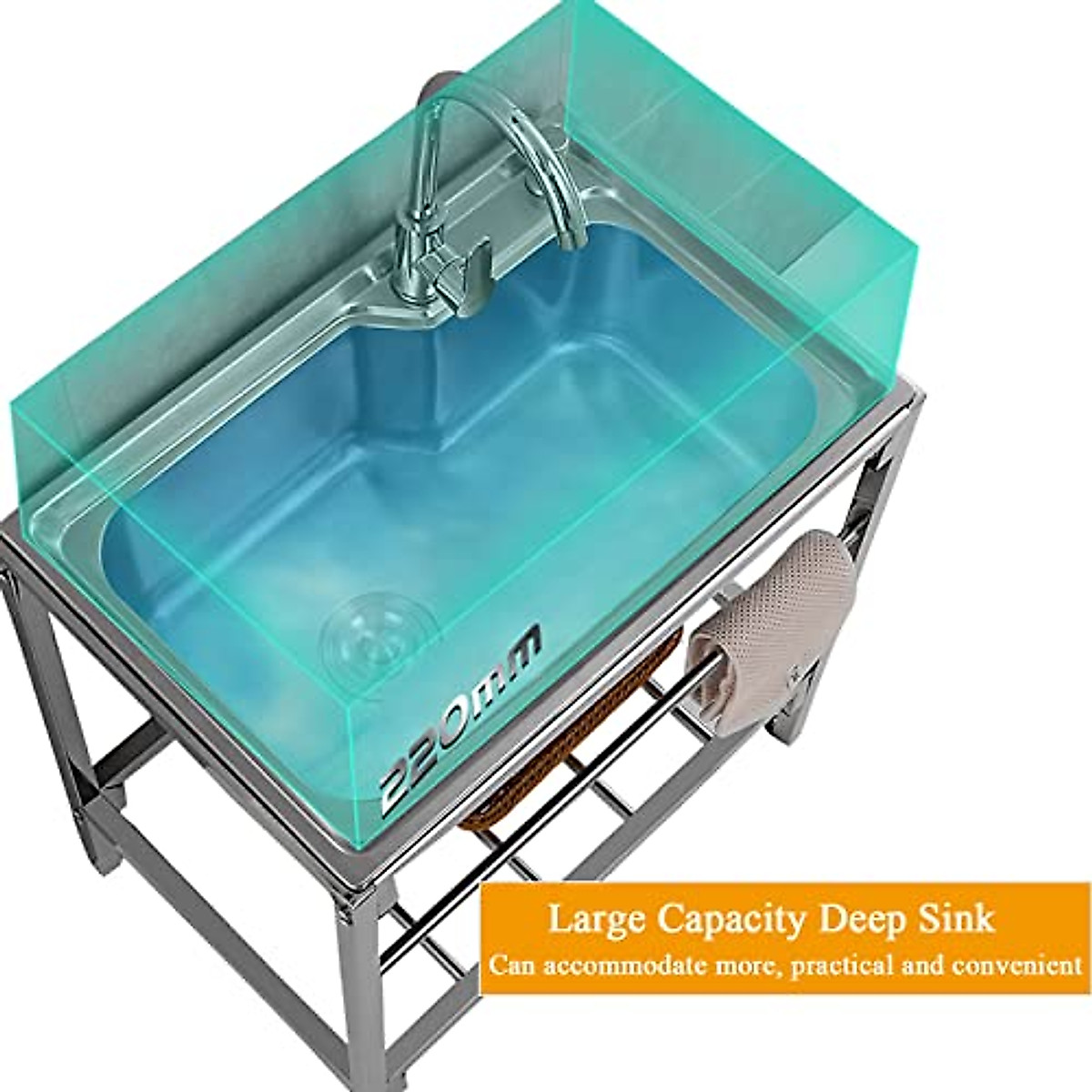 68 * 44cm Free Standing Kitchen Sink, Commercial Stainless Steel Single Sink Bowl Restaurant Table Utility Sink Washing Hand Basin w/ 360°Hot and Cold Faucet for Indoor Outdoor,68 * 44cm