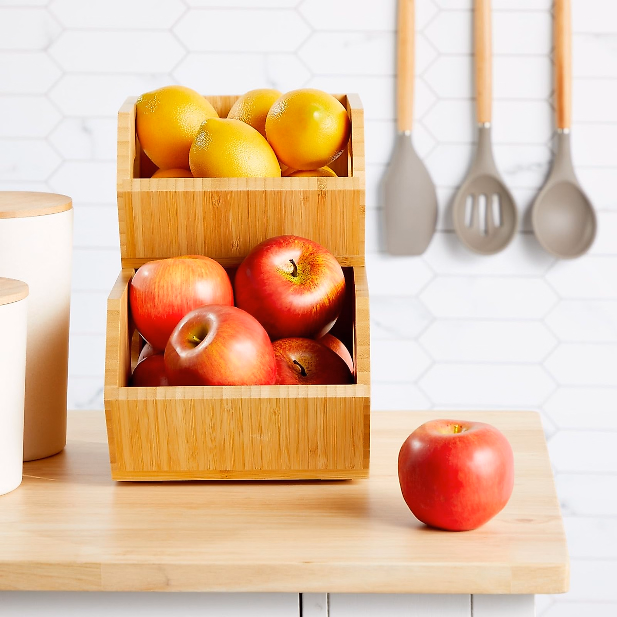 Farmlyn Creek 2 Pack Stackable Bamboo Wood Storage Bins, Organization Boxes for Kitchen Pantry (2 Sizes)