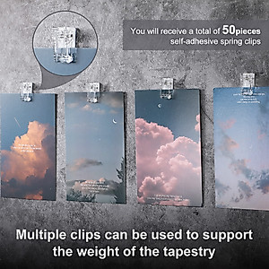 50 Pieces Self-Adhesive Clips Wall Tapestry Clips Plastic Sticky Photo Clips Hanging Spring Clips for Paper Flag Hanger Double-Sided Adhesive Spring Clips for Home Office (Clear)
