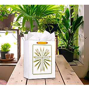 FaCraft 13" Large Gift Bag with Tissue Paper Cross Paper Gift Bags with Handle for Baptism Christenings Confirmations First Communions Religious Wedding,Baptism Gifts Bag for Kids Boys Girl