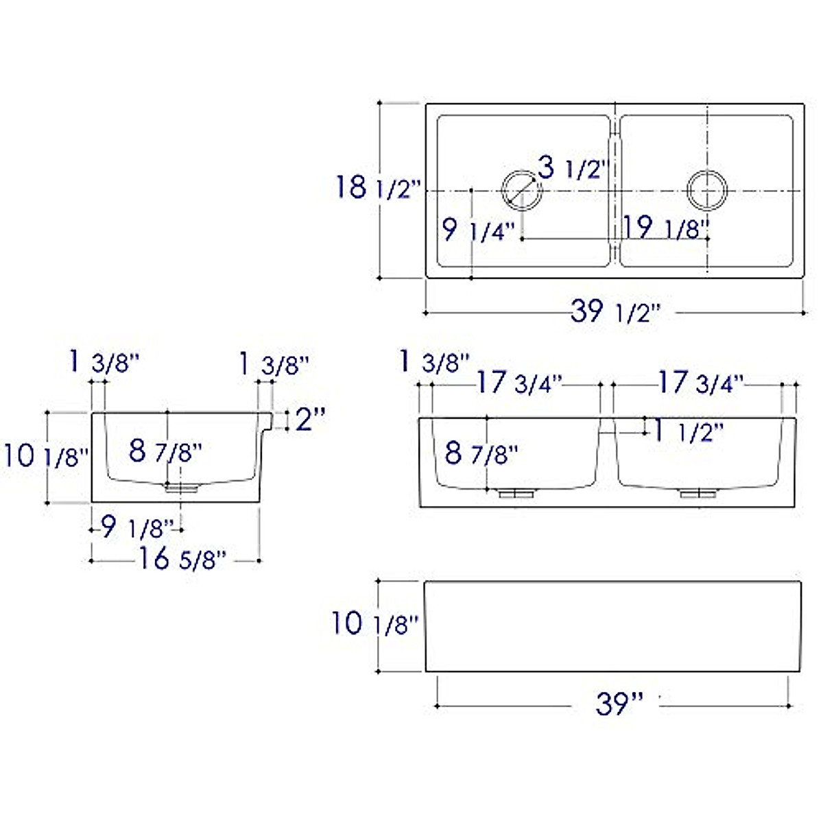ALFI brand AB3918DB-W Smooth Thick Wall Fireclay Double Bowl Farm Sink, 39", White