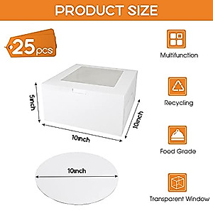 ZENOWICK Cake Boxes Set (50 Pcs, 25 Boxes & 25 Boards) White 10x10x5 Inches Tall Cake Boxes with Window,Boxes with Round Cake Boards for Christmas, Birthday Party, Valentine's Day,Pastries, Cookies