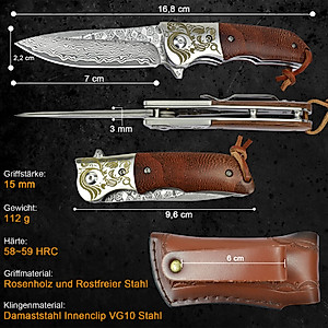 AUBEY Damascus Pocket Knife with Clip, Damascus Knife Folding Knife with VG10 Damascus Steel Blade, Wooden Handle, Foldable EDC Knife for Outdoor Survival Collection Gift