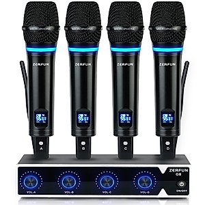 ZERFUN 4 Channel Rechargeable Wireless Microphone System, Pro UHF Metal Handheld Wireless Microphones Cordless Mics for Karaoke Singing Church with VOL Control, 4x50 Adjustable Frequency(G8)