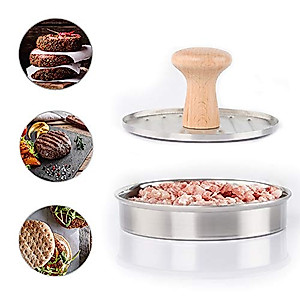 5.24" Burger Press Stuffed Hamburger Patty Maker Mold Stainless Steel Non-Stick Meat Presser Essential Grilling Accessories for Meat Sliders and Regular Beef Burger with Wooden Handle for BBQ Grill