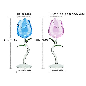2pcs Rose Wine Glass, Creative Red Wine Glass, Rose Flower Goblet, Wine Cocktail Juice Glass for Party Dinner Wedding Festival Kitchen Bar Celebration (260ml, Blue and Pink)