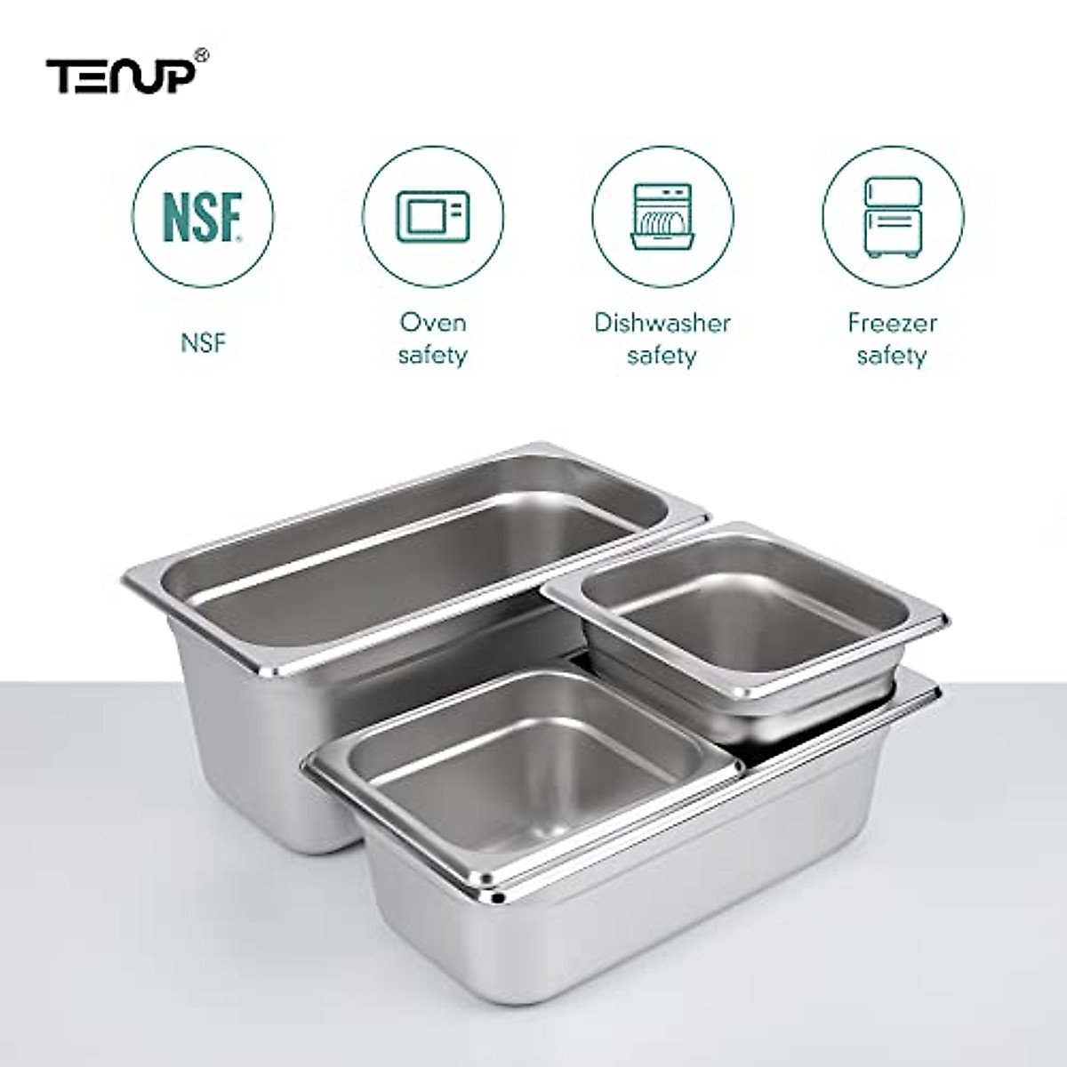 TENUP 6 Pack Anti-Jam Hotel Pans, 1/3 Size 6 Inch Deep, NSF, Commercial 18/8 Stainless Steel Pan，Steam Table Pan, Catering Food Pan