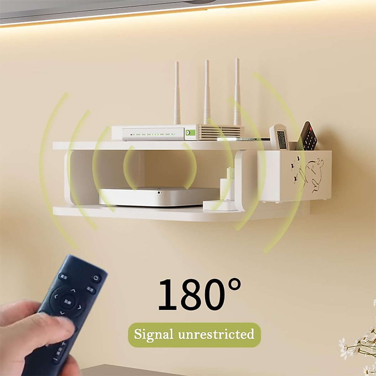 W WWEENUO Floating Projector Shelf Rack, WiFi Router Storage Box, Wall Mounted Cable Box Cover Hider TV Shelf for DVD Players, TV Boxes, Remote Controls, Wireless WiFi (2 Tier)