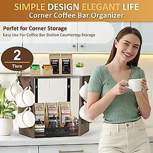 Ouvibor 2 Tier Coffee Bar Organizer for Home Office, Multi-functional Countertop Mug Holder Stand Rack Coffee Bar Storage Accessory with 12 Hooks for Coffee Bar Kitchen