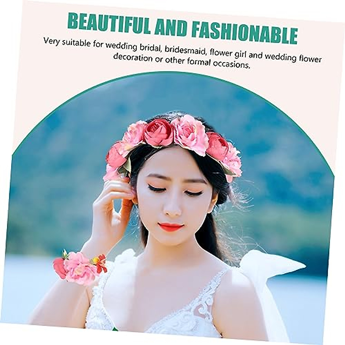 ifundom flower crown and wrist band adjustable flower crown Hair Wreath flower Headband Garland Wristband corsage wristlet floral crown Korean bride headband Miss fabric hawaii 1 Set