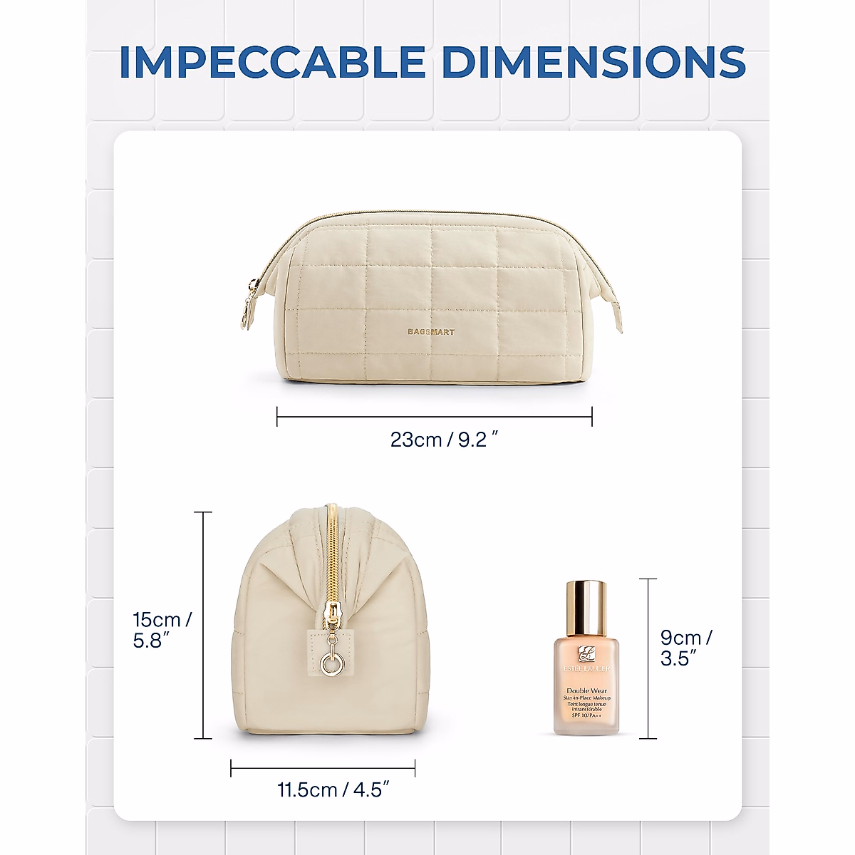BAGSMART Makeup Bag Cosmetic Bag Wide Open, Beige, M, Wide-open Travel Makeup Bag With Puffy Padded and Rectangular Quilted