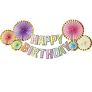 Pastel Happy Birthday Banner Assembled and Hanging Paper Fans Party Decorations Kit for Pastel Birthday Decorations