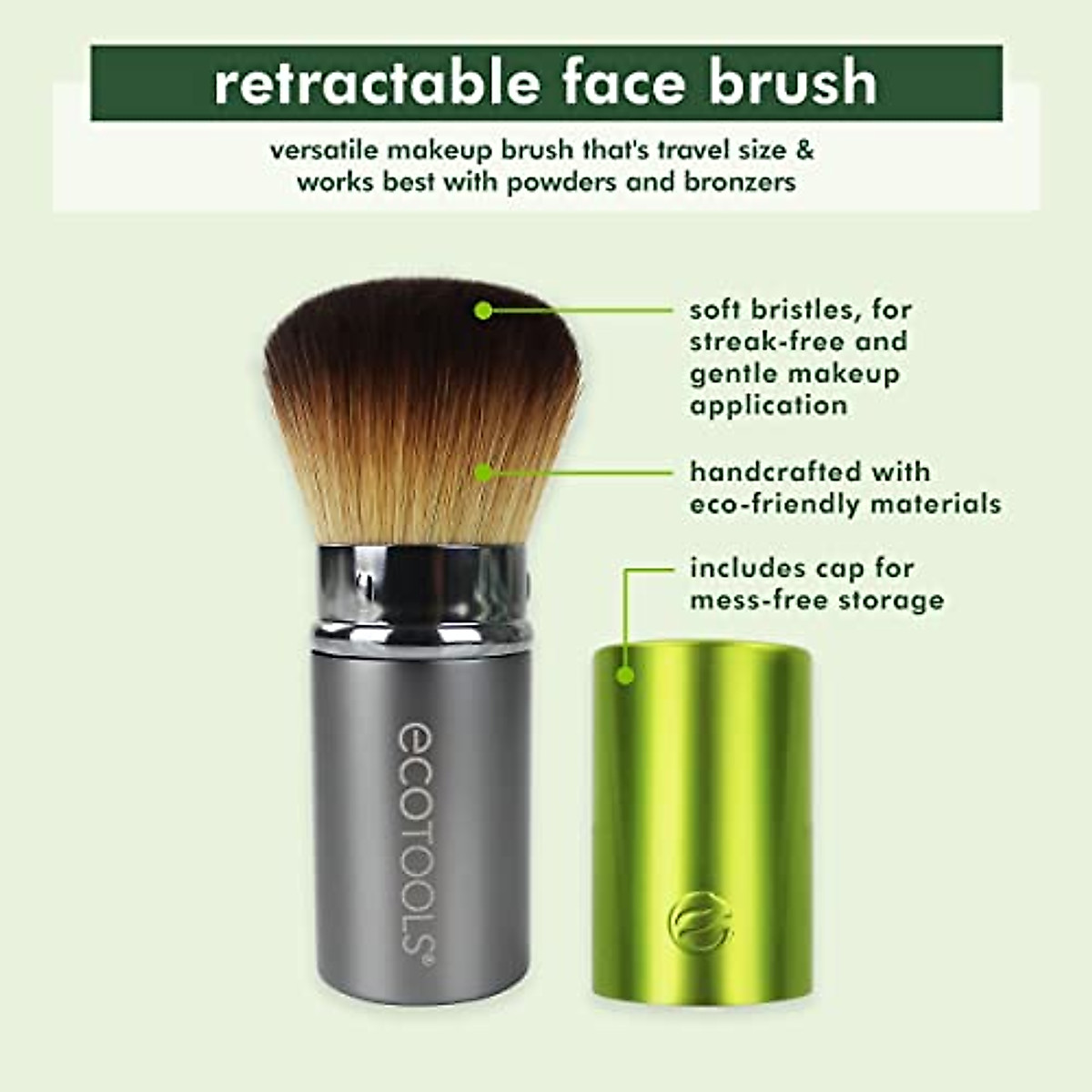 EcoTools Travel Kabuki Makeup Brush for Foundation, Blush, Bronzer, & Powder, Retractable, Green, Aluminum, Sustainable, Travel Friendly & Perfect for On The Go, 1 Count