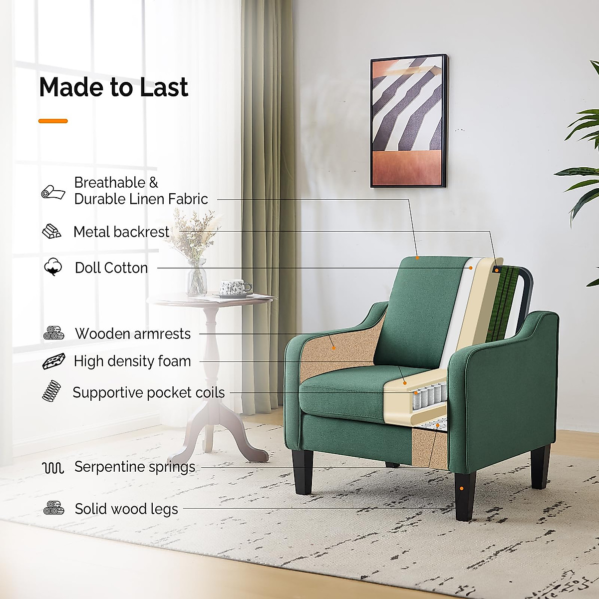 VINGLI Accent Chairs Set of 2 Living Room Chairs Dark Green Reading Chair for Bedroom Scooped Arm Chair Mid Century Modern Accent Chairs Upholstered Comfy Chair for Apartment, Waiting Room