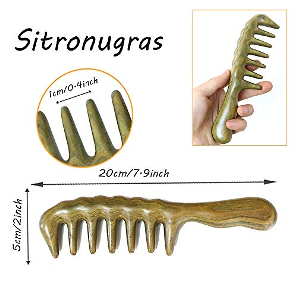 Sitronugras Wood Large Wide Tooth Hair Comb For Thick Curly Hair Head Scalp Massage No Static Green Sandalwood Hair Pick Wooden Comb for Men and Women with free storage pouch