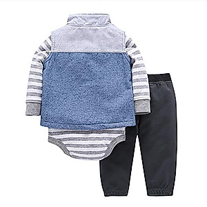 Baby Boy Winter Clothes Infant Fall Outfit Long Sleeve Stripes Romper Jumpsuit +Coat+ Long Pants Set Ceremony Celebration Birthday Party Denim Blue 12-18 Months