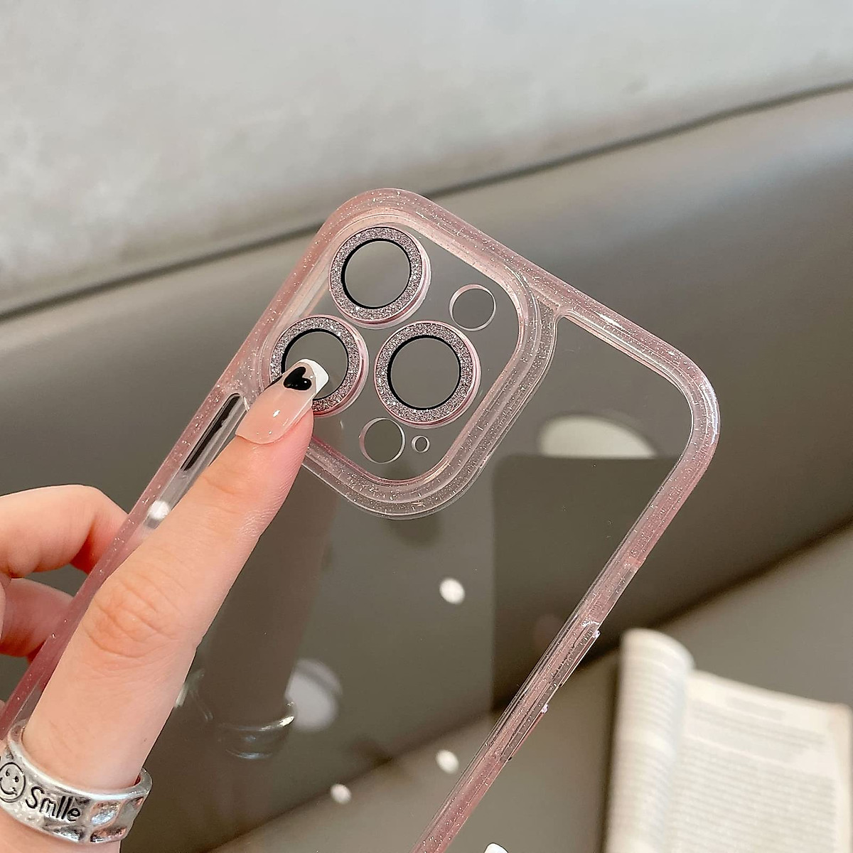 Eiyikof for iPhone 14 Pro Max Case with Bling Camera Lens Protector Cover Cute Sparkly Diamond Slim Clear Back & Glitter Bumper Silicone Shockproof Protective Case for Girls Women-Pink