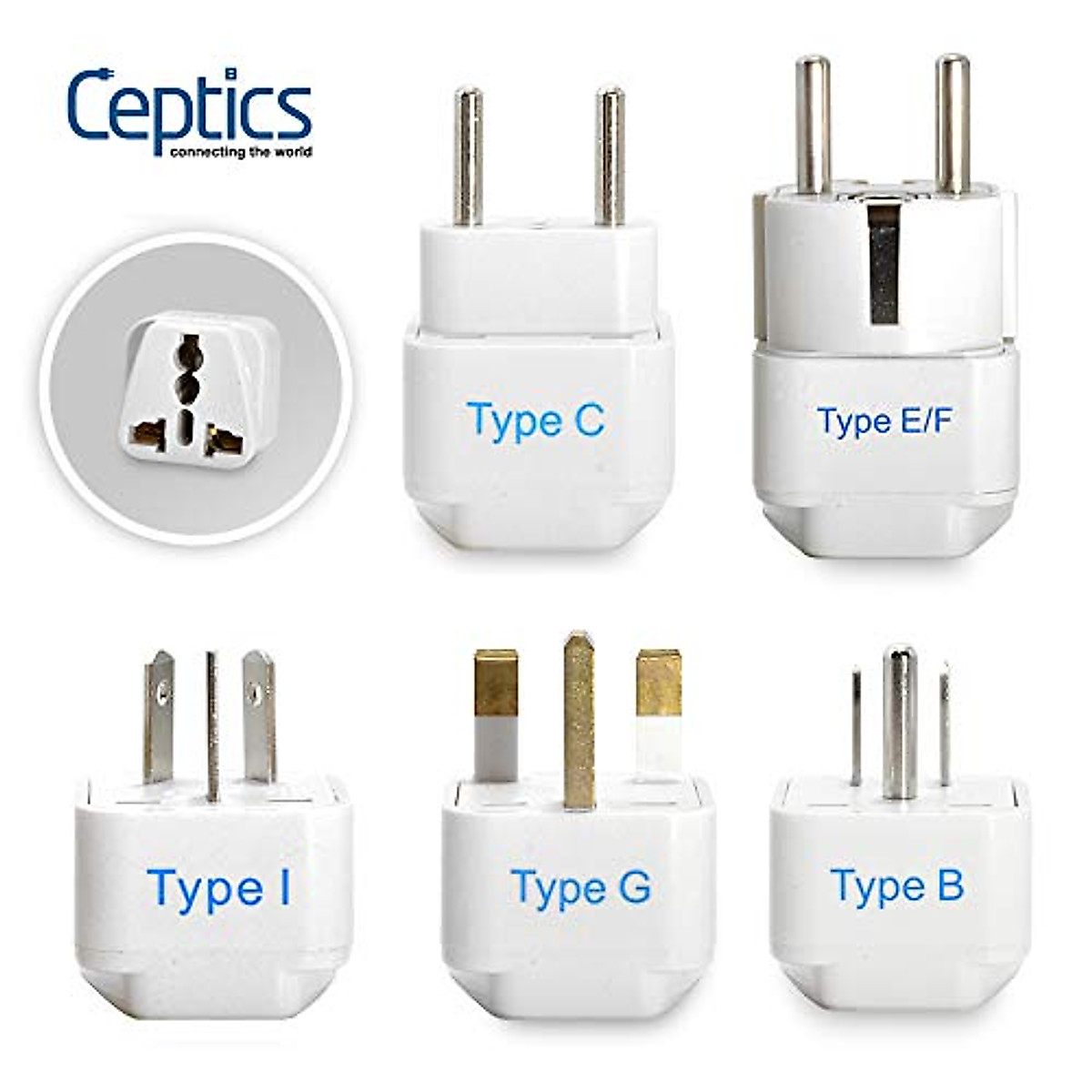 Ceptics Adapter Plug Set for World Wide International Travel Use - Grounded Safe - Works with Cell Phones, Chargers, Batteries, Camera, and More