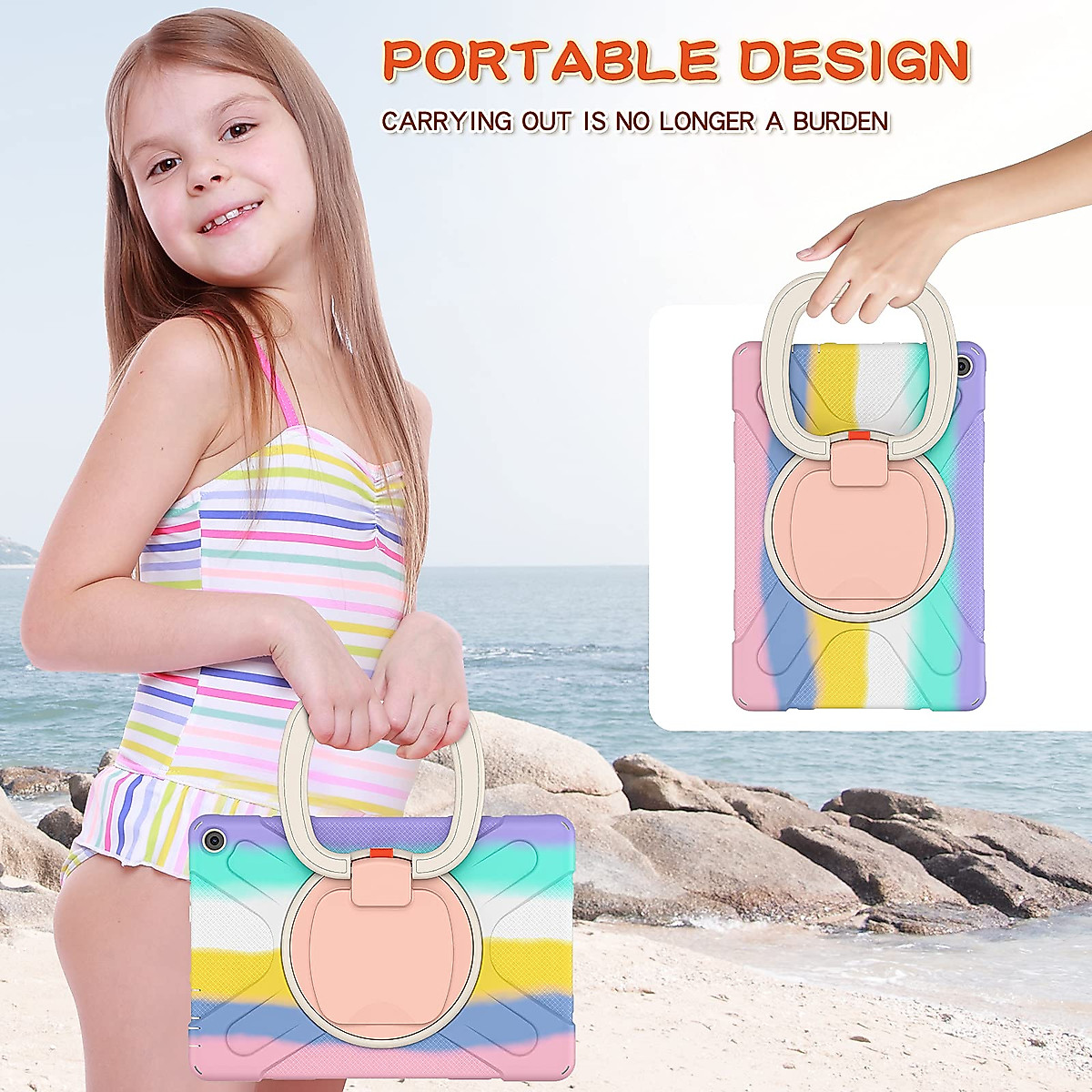 360 ° Rotation Portable Case for Fire HD 10 & 10 Plus Tablet（11th Generation, 2021 Release Rugged Case Rotating Stand Hand Strap Shoulder Carrying Strap Outdoor Cover (Colourful Pink)