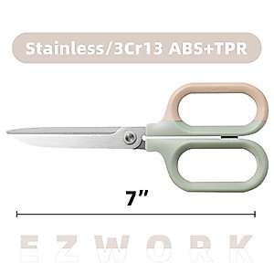 EZWORK Multipurpose Scissors, Comfort-Grip Handles Sharp Scissors for Office Home School Craft Sewing Fabric Supplies (7", Green-1)