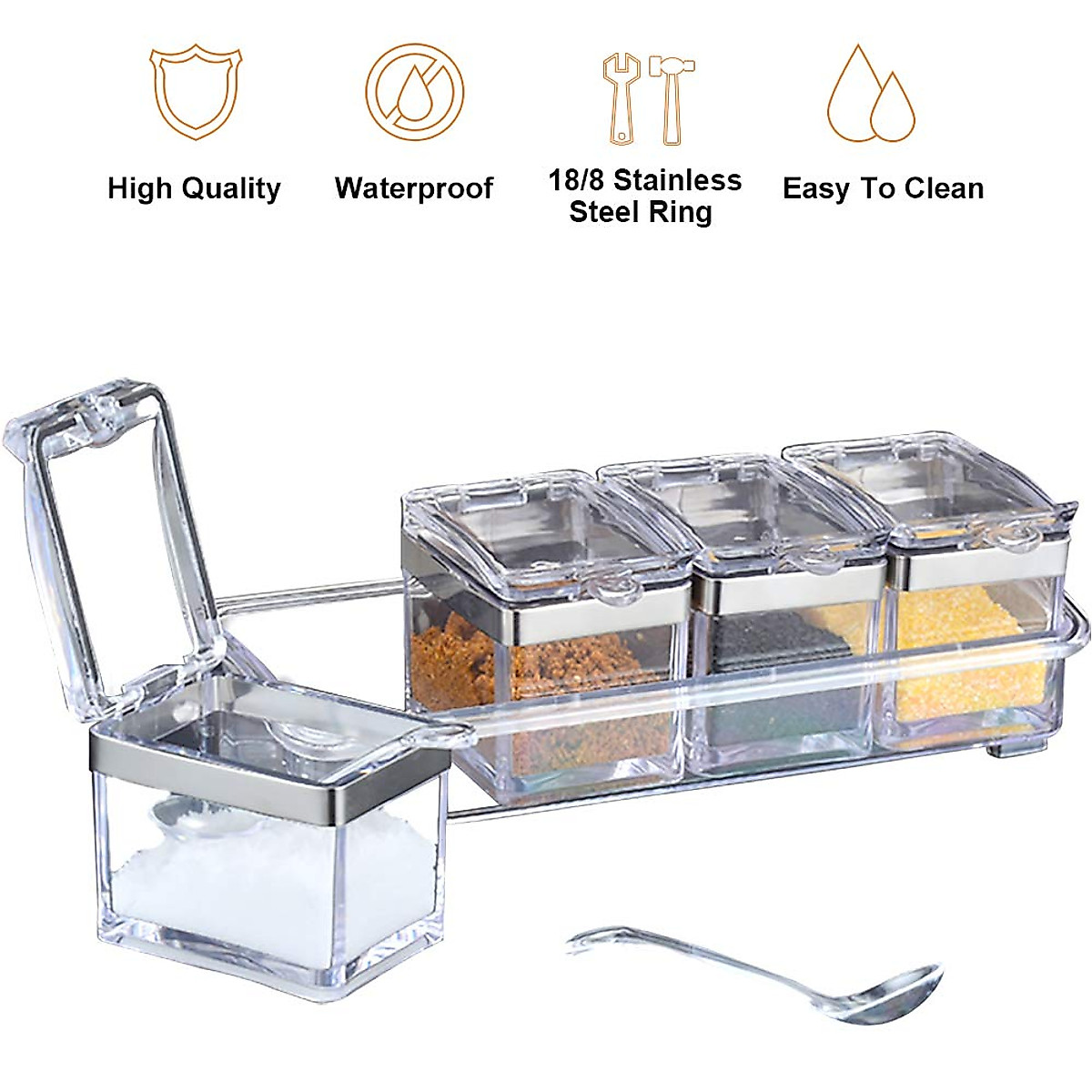 Aogist Kitchen Spice Pots 4 Pieces Clear Seasoning Box, Storage Container Condiment Jars Acrylic Seasoning Box with Cover and Spoon