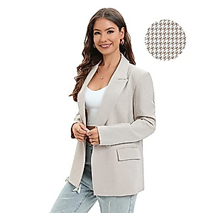 TRNY Women's Houndstooth Blazer Oversized Double-Breasted Suit Blazer Jacket Long Sleeve Casual Boyfriend Style Work Office Blazer with Pockets Mini Beige Houndstooth