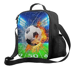 PAUSEBOLL Soccer Unisex Lunch Bag, 10.5 x 8 x 4.5 in, Oxford Cloth with EVA Lining, Adjustable Shoulder Strap, Mesh Pocket, Lightweight, Reusable, Waterproof