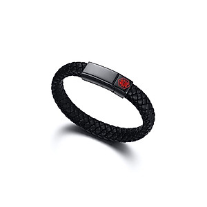 VNOX Custom Engraving Medical Alert Emergency Jewelry-Black Braided Leather Medical Symbol Caduceus with Stainless Steel Cuff Wristband Bracelet,8.2"